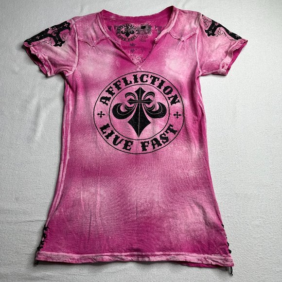 Affliction | Tops | Affliction Live Fast Womens Sacred Wish Wings Pink ...